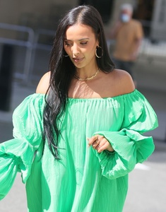 Maya Jama - wearing a green mini dress at BBC Studios in London 09.06. ...